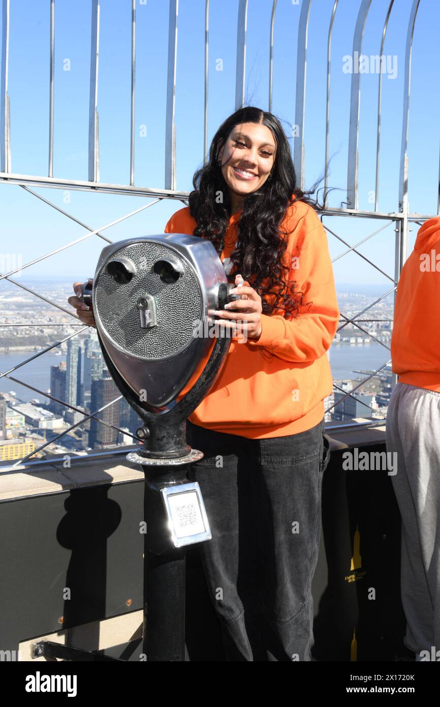 New York, USA. 15th Apr, 2024. Kamilla Cardoso visits the Empire State ...
