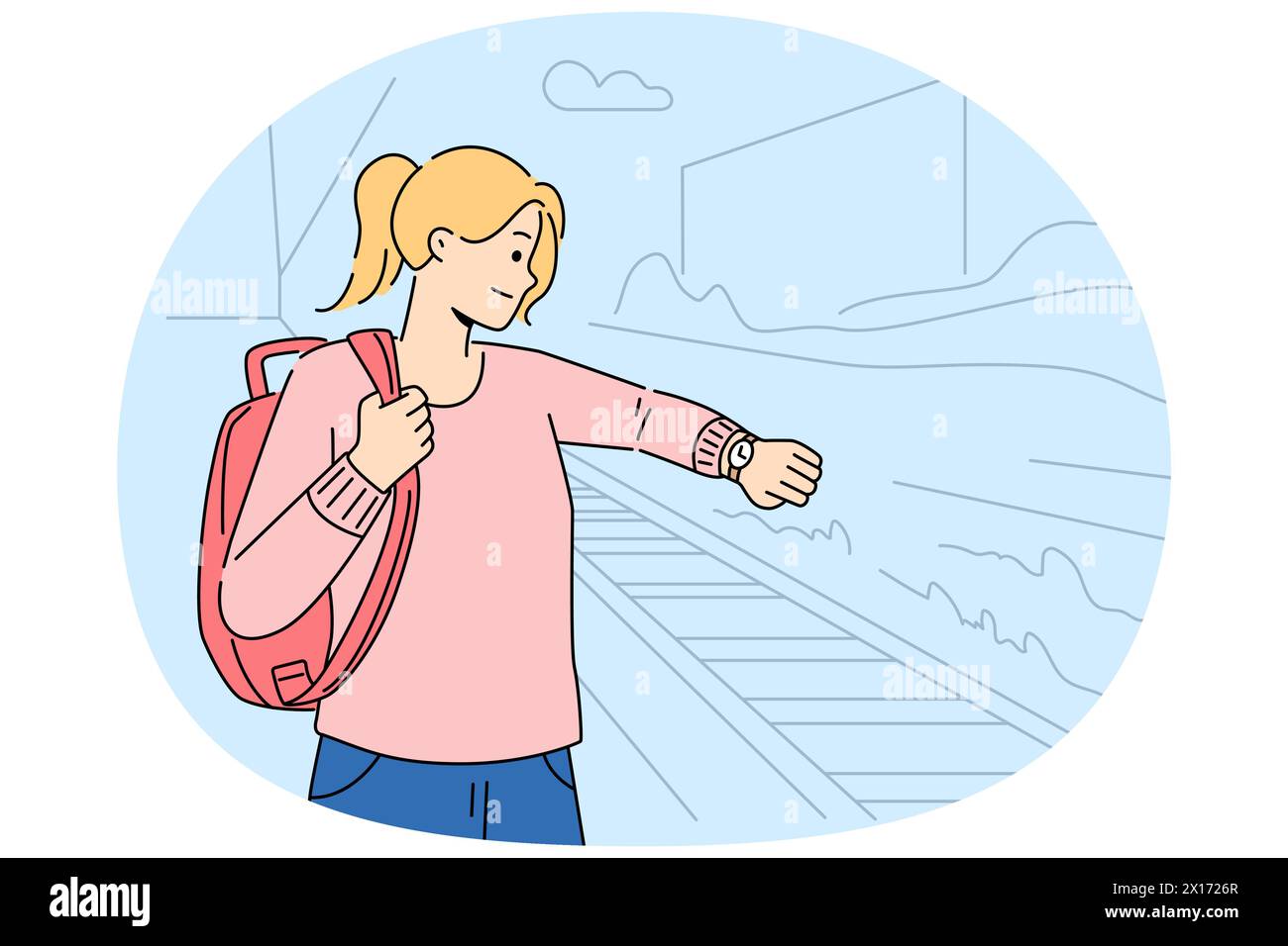 Anxious woman stand on platform on railway station check time on ...