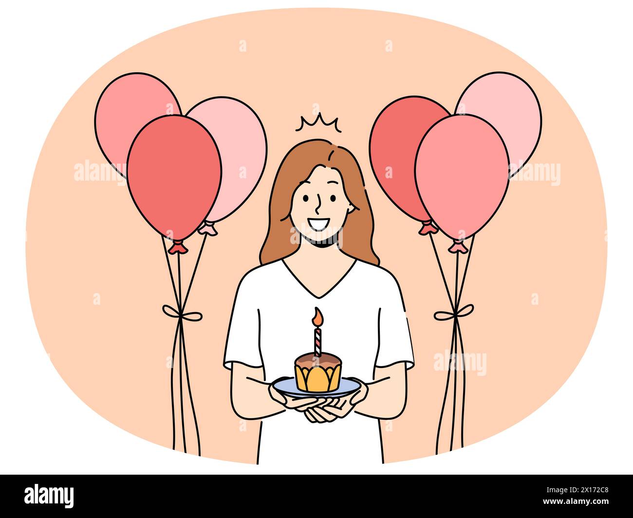Smiling woman with cake in hands and balloons celebrate birthday. Happy ...