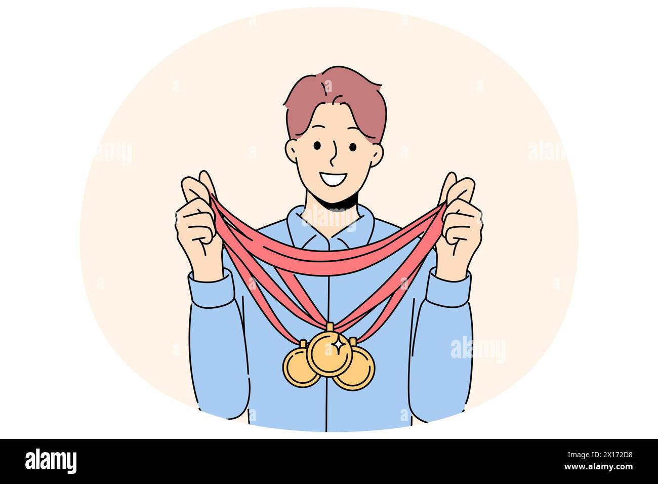 Smiling sportsman with numerous golden medals on neck. Happy man ...