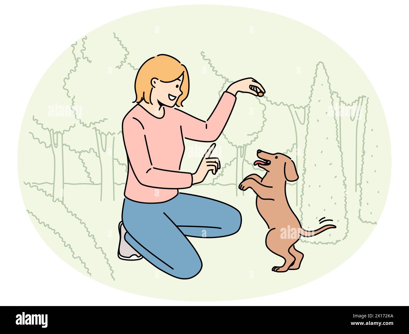 Smiling woman playing with puppy in park. Happy girl have fun learn ...