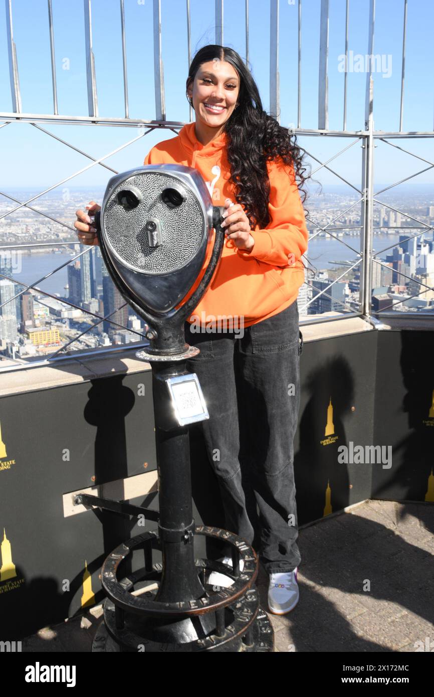 New York, USA. 15th Apr, 2024. Kamilla Cardoso visits the Empire State ...