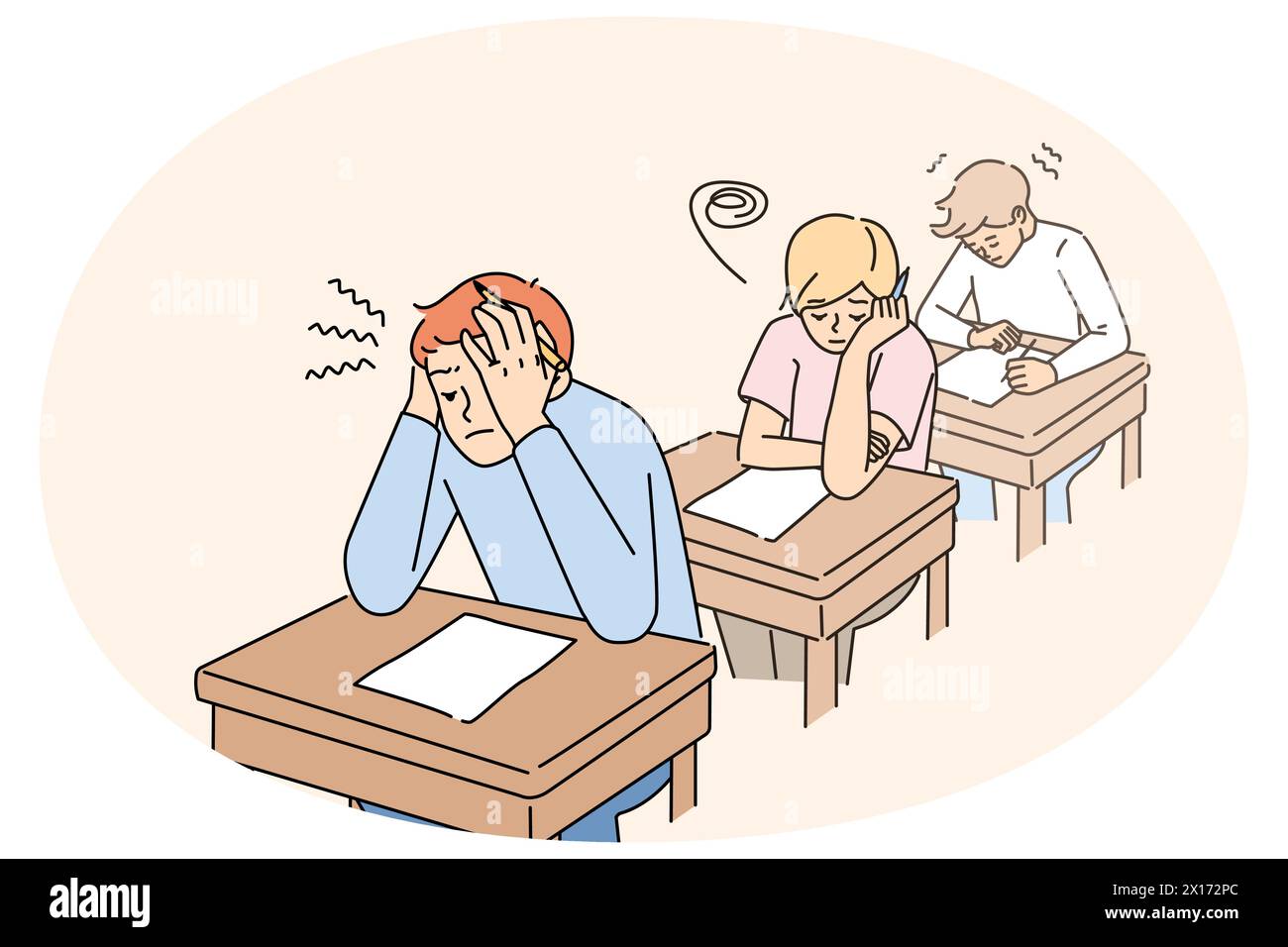 Anxious students sitting at desk in classroom writing test together ...