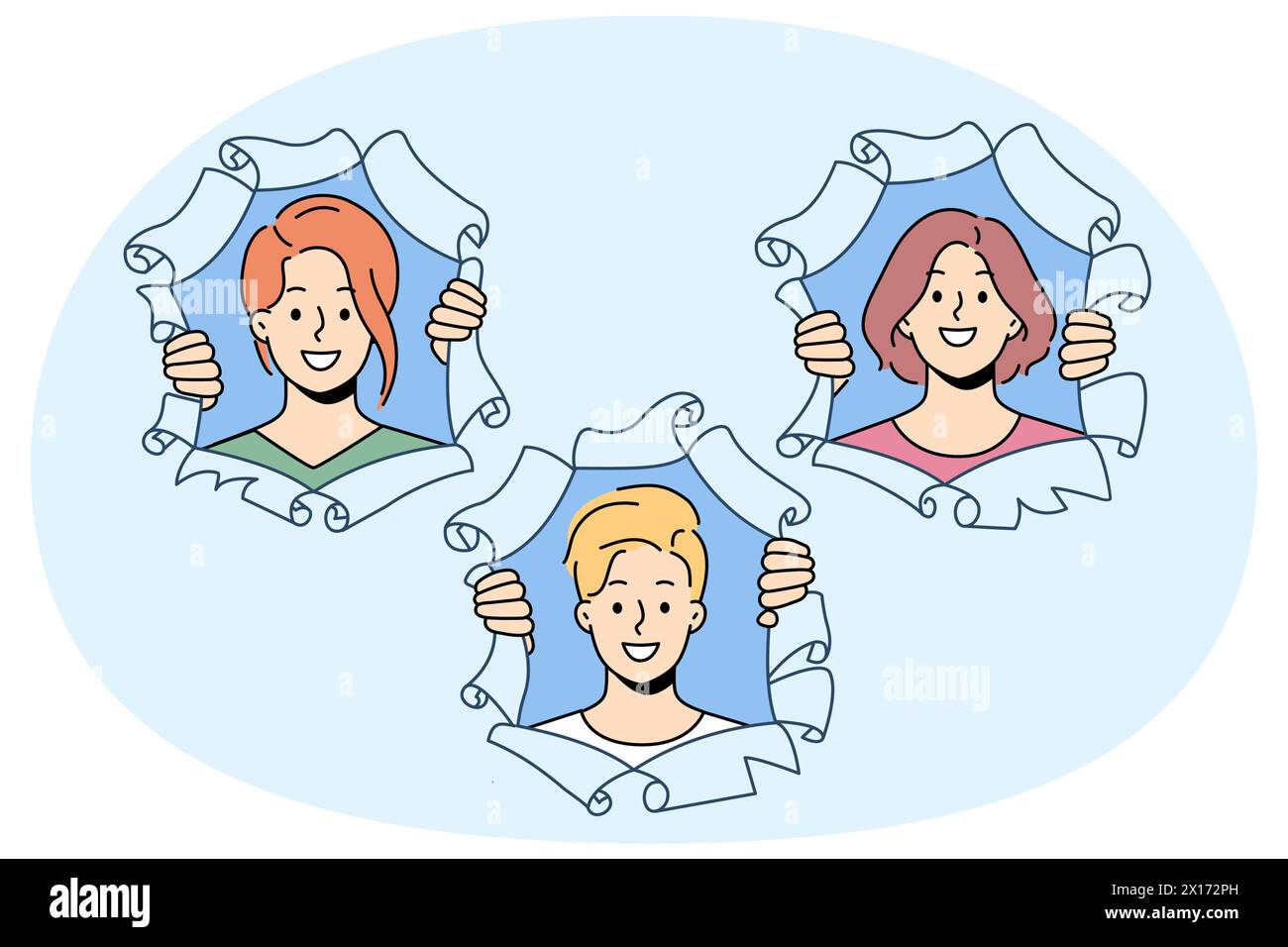 Smiling people look out of paper holes. Happy men and women faces stare ...