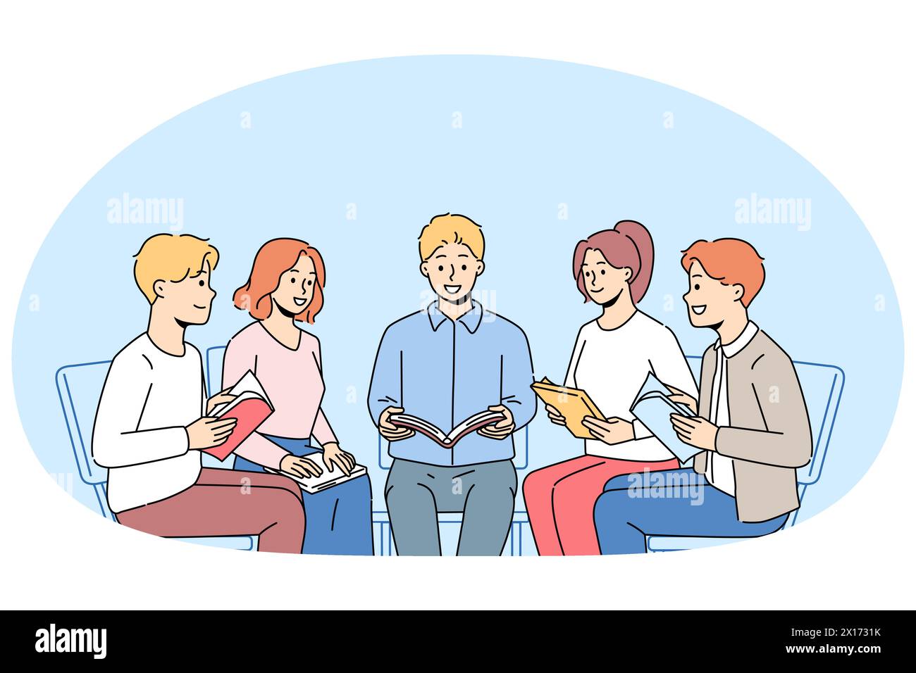 Happy diverse people sit in circle reading book together. Smiling group ...