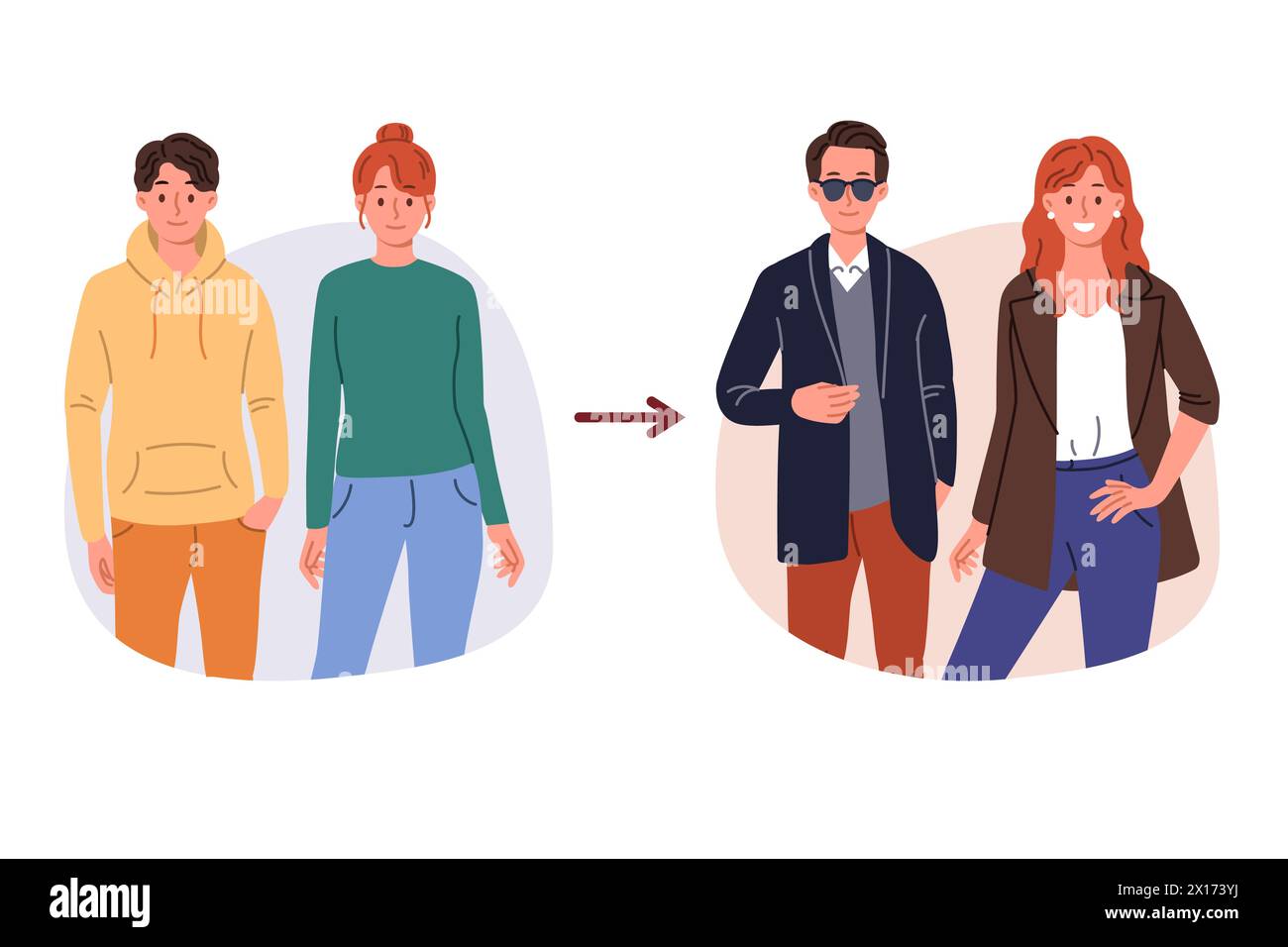 Transformation of image man and woman who changed clothes to change look and style Stock Vector ...