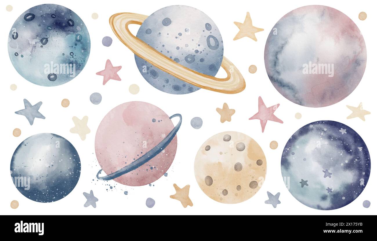 Set with watercolor Planets foe baby design in pastel blue and pink ...
