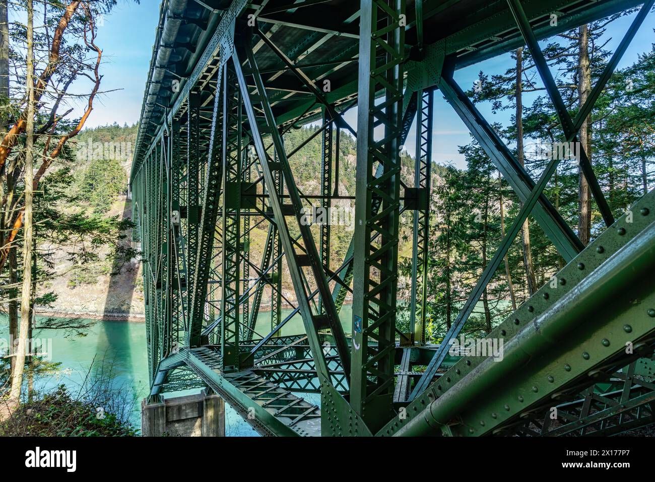 A view from under the bridge at Deception Pass in Washington State ...