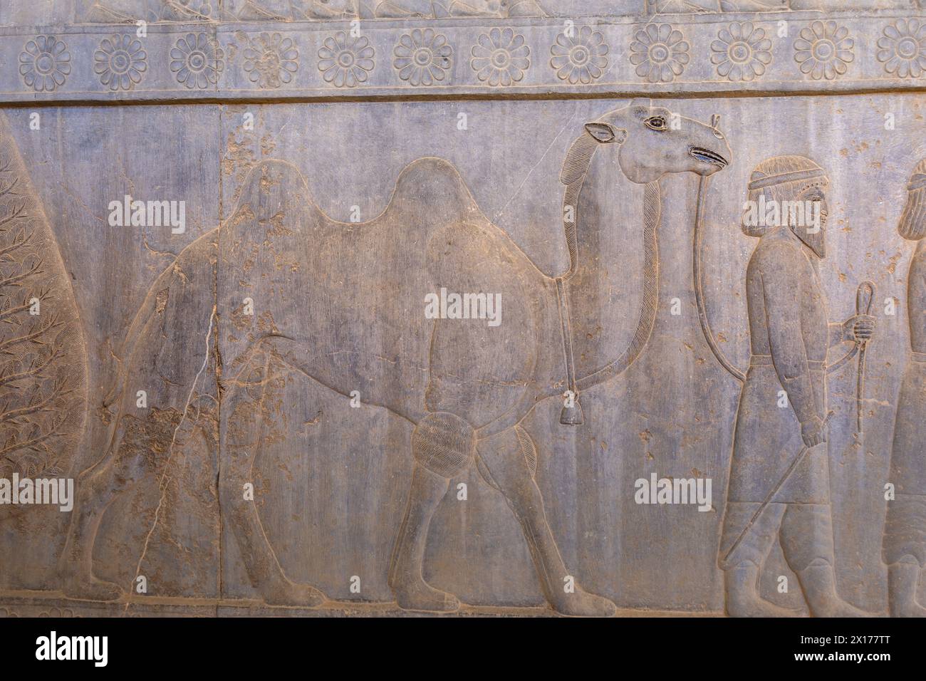 Detailed stone engravings depicting people and animals in motion. A ...