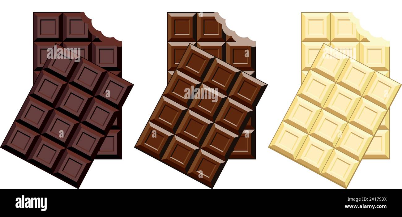 vector set of chocolate bar pieces isolated on white background. milk ...