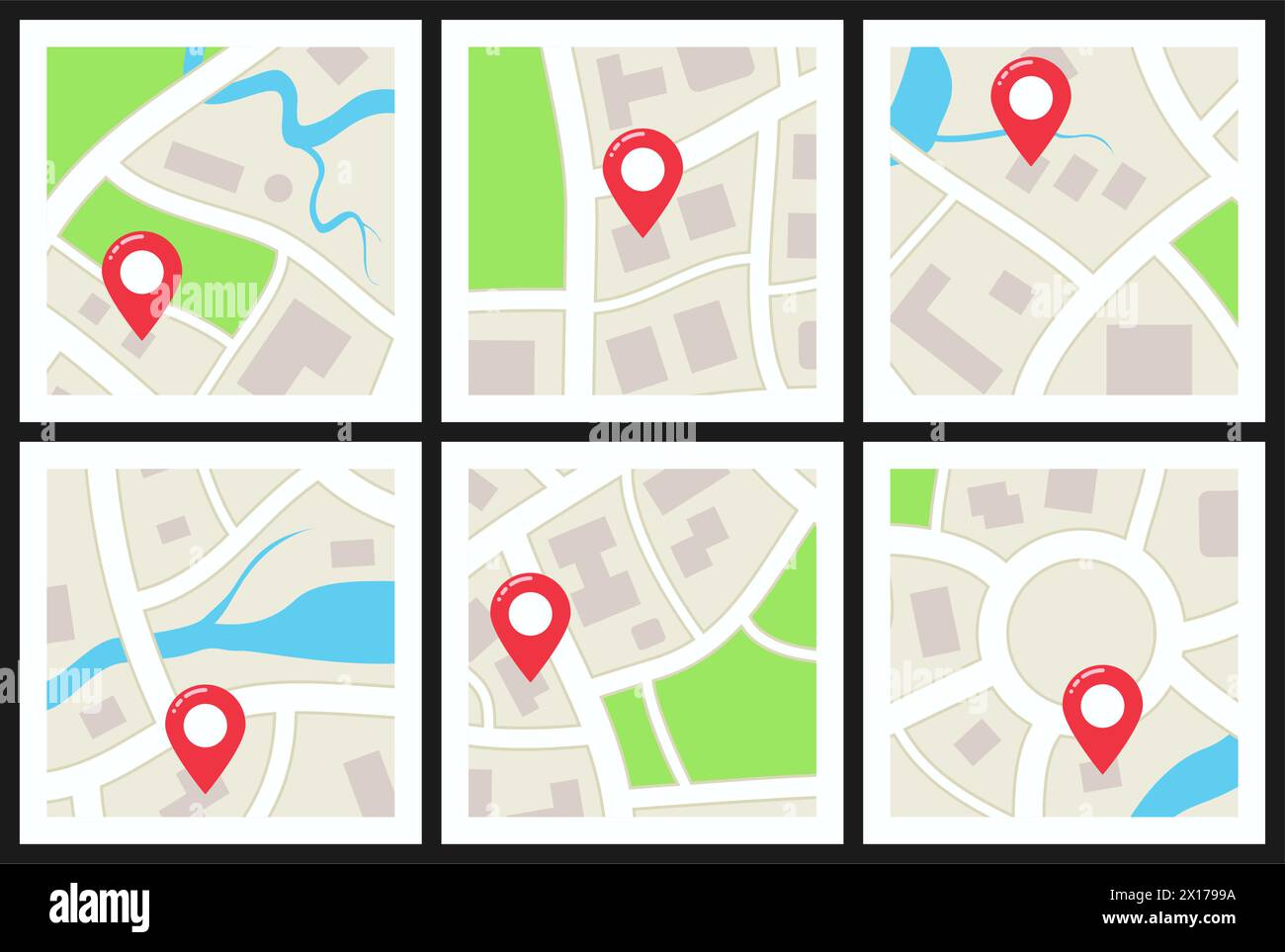 vector set of city maps with symbols of streets, houses, parks, lakes, rivers and navigation ...