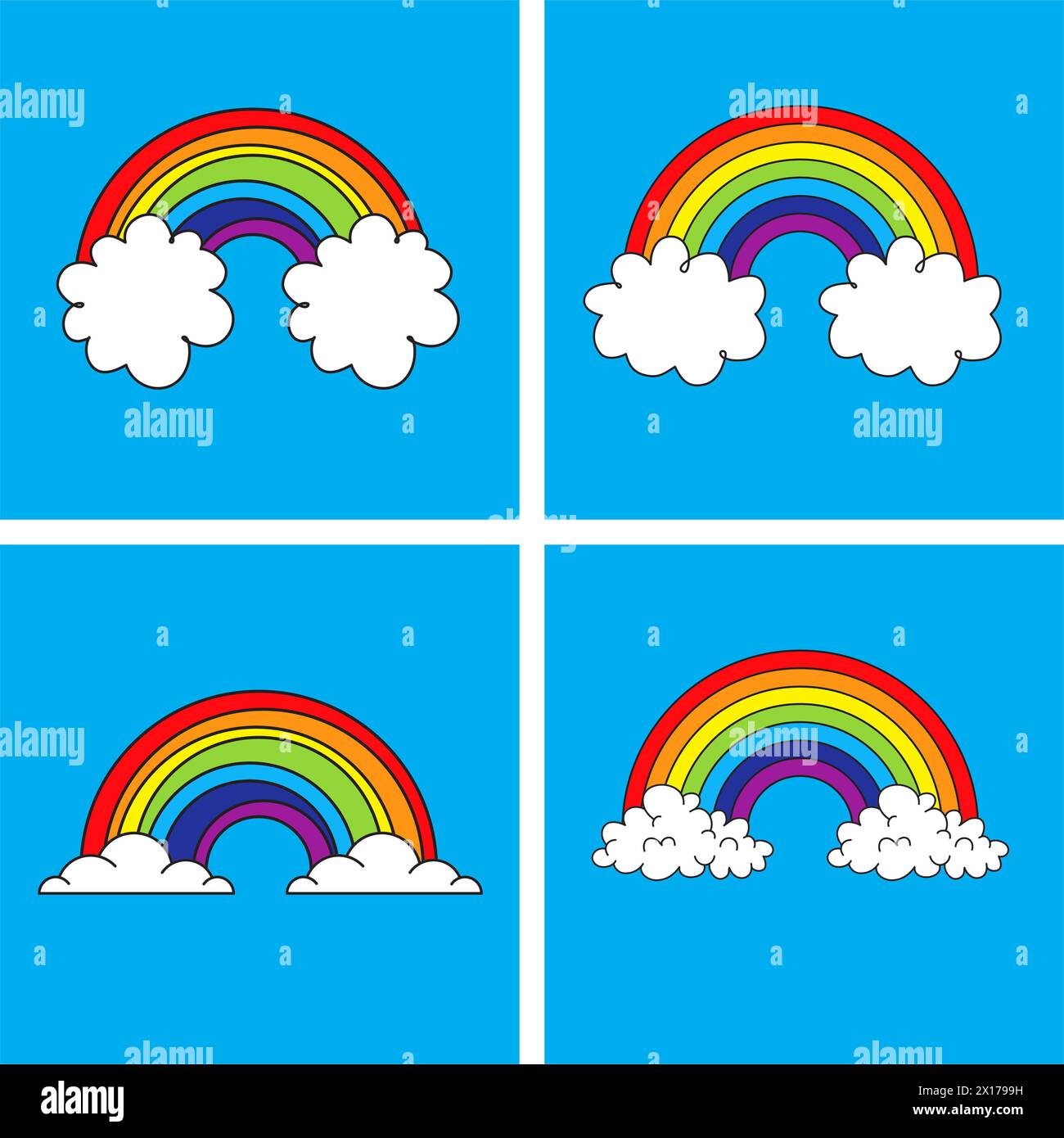 vector symbol of rainbow and clouds in the blue sky. colorful drawing ...