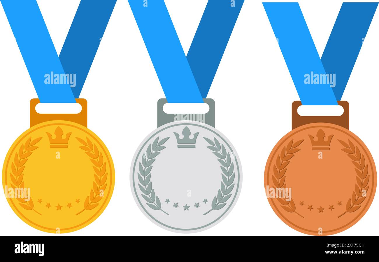 vector set of gold, silver and bronze medals with blue ribbons ...