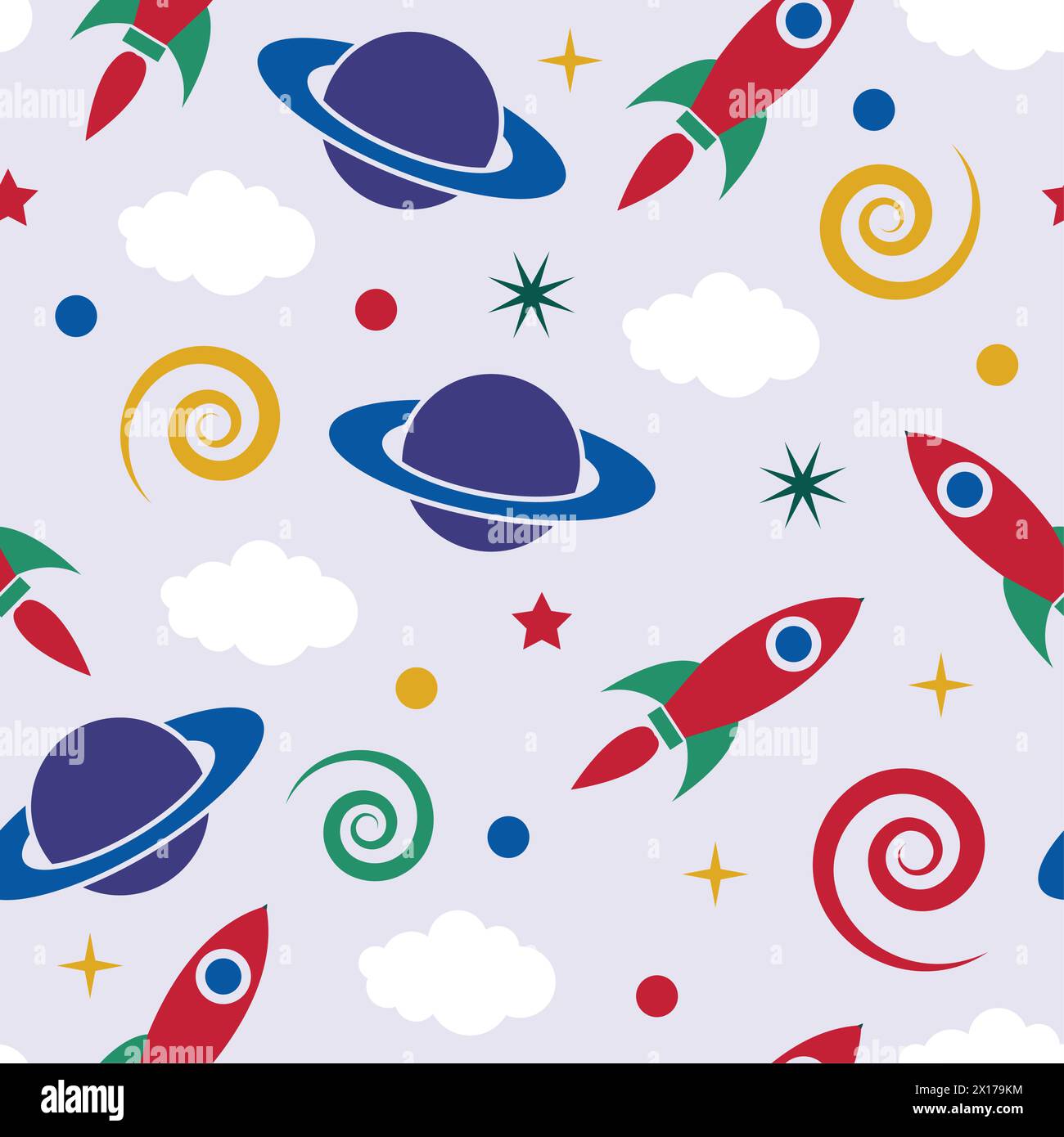 vector seamless pattern with stylized retro rocket ship in space, saturn planet, clouds, stars ...
