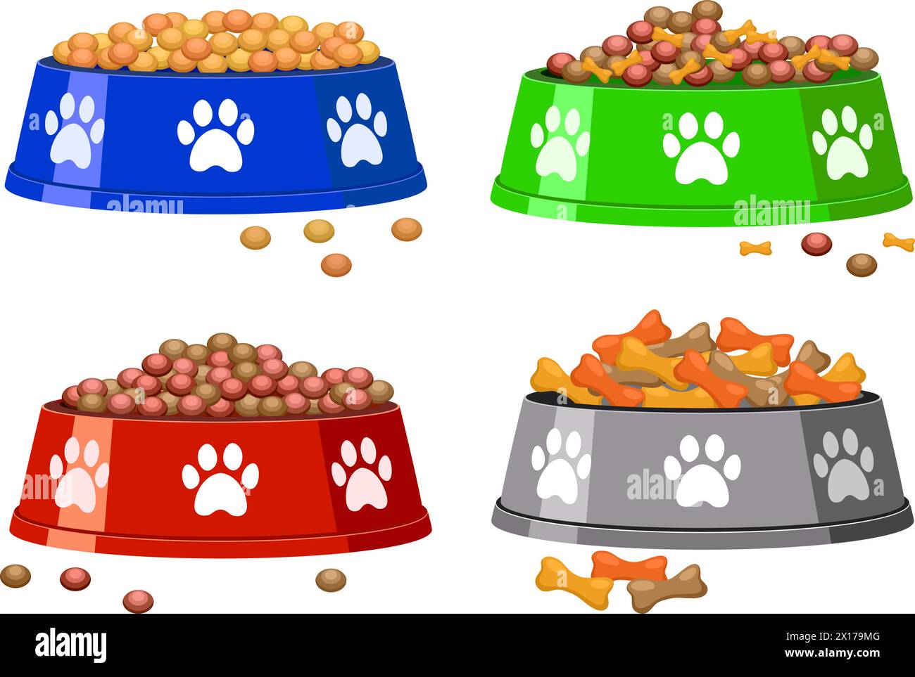 vector dog bowl with dog footprints and dog food. colorful set of ...