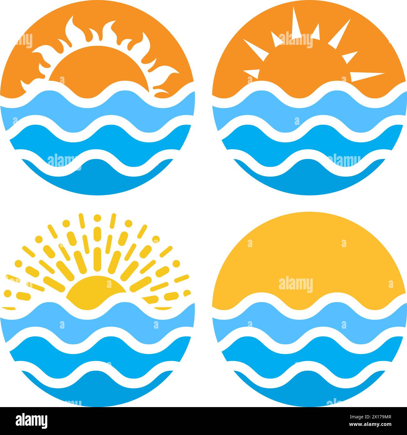 vector circles with sea or ocean water and summer sun isolated on white ...