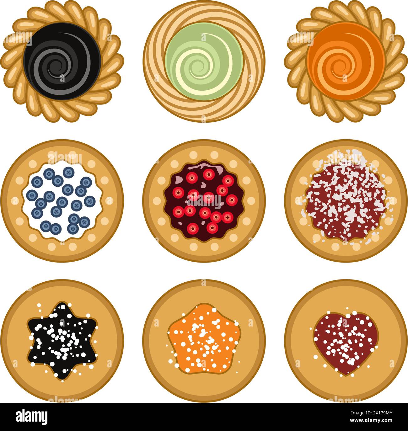 vector jam and chocolate pie set. fruit tart with tasty berry jam ...