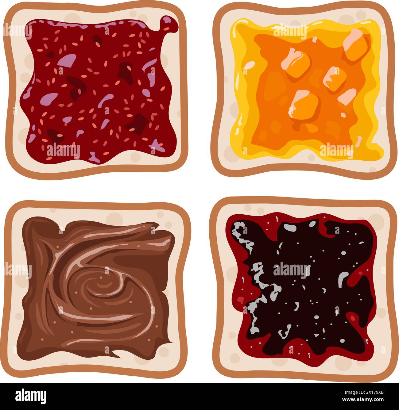 vector set of white toast bread slices with fruit jam and chocolate ...