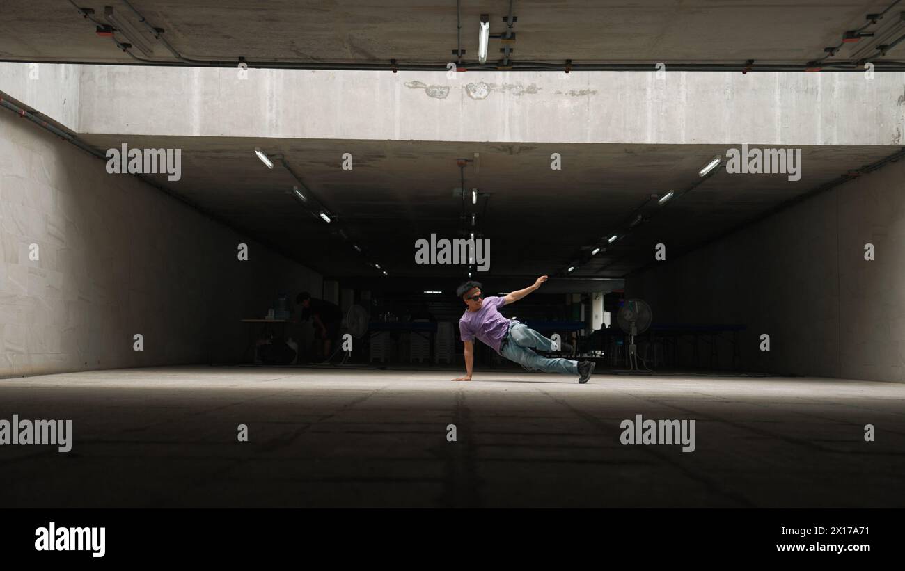 Group of attractive asian hipster practice break dancer at building ...