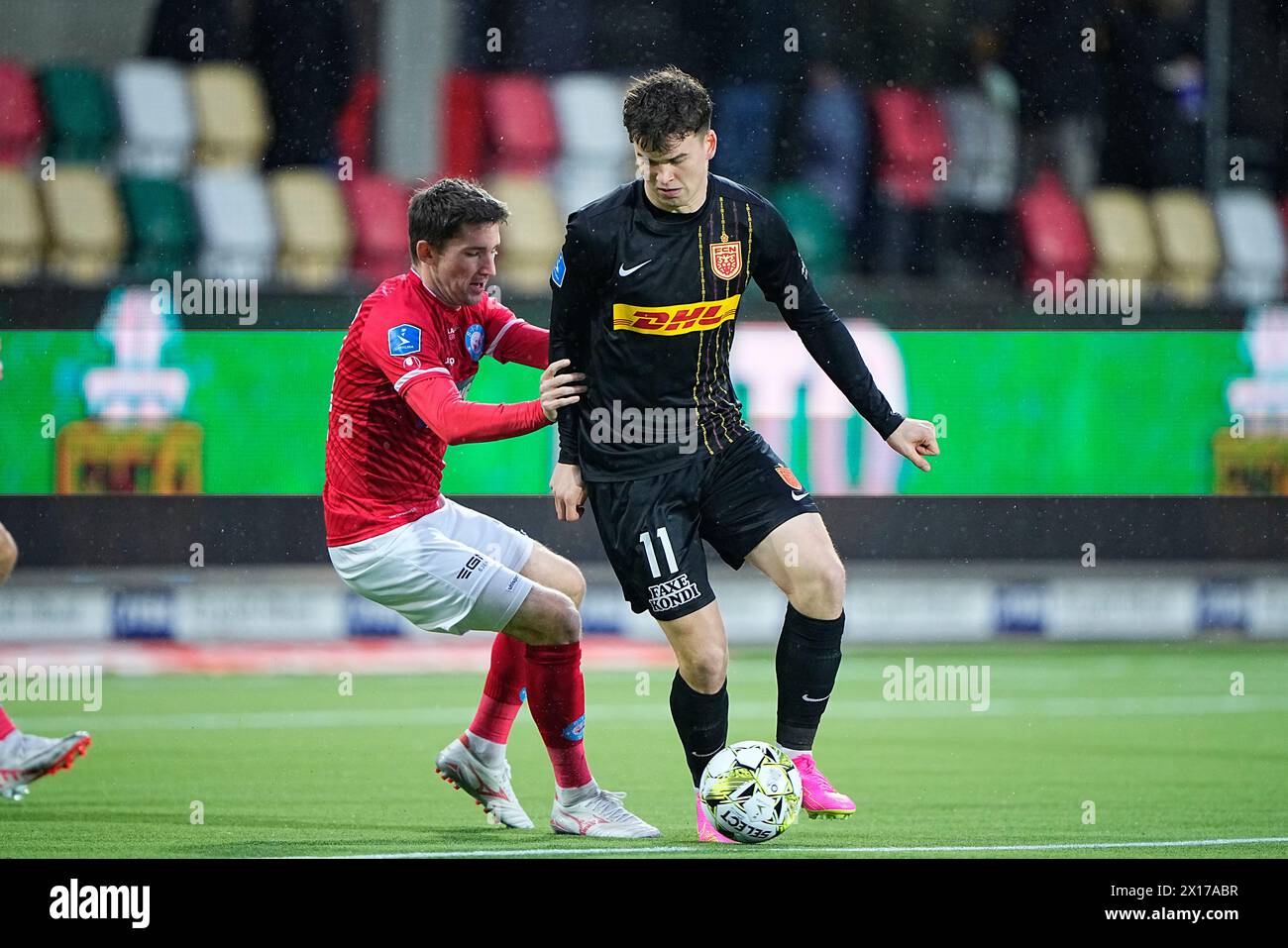 Silkeborg, Denmark. 15th Apr, 2024. Mark Brink, Silkeborg (L) and Mads ...