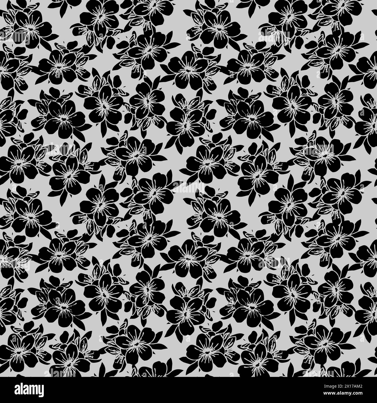 gray black seamless floral asymmetric pattern, monochrome repeat ...