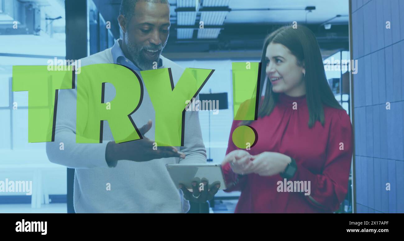 Image of try text over diverse business people talking Stock Photo - Alamy