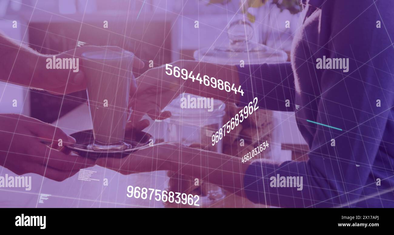 Image of data processing over mid section of a waiter serving coffee at ...