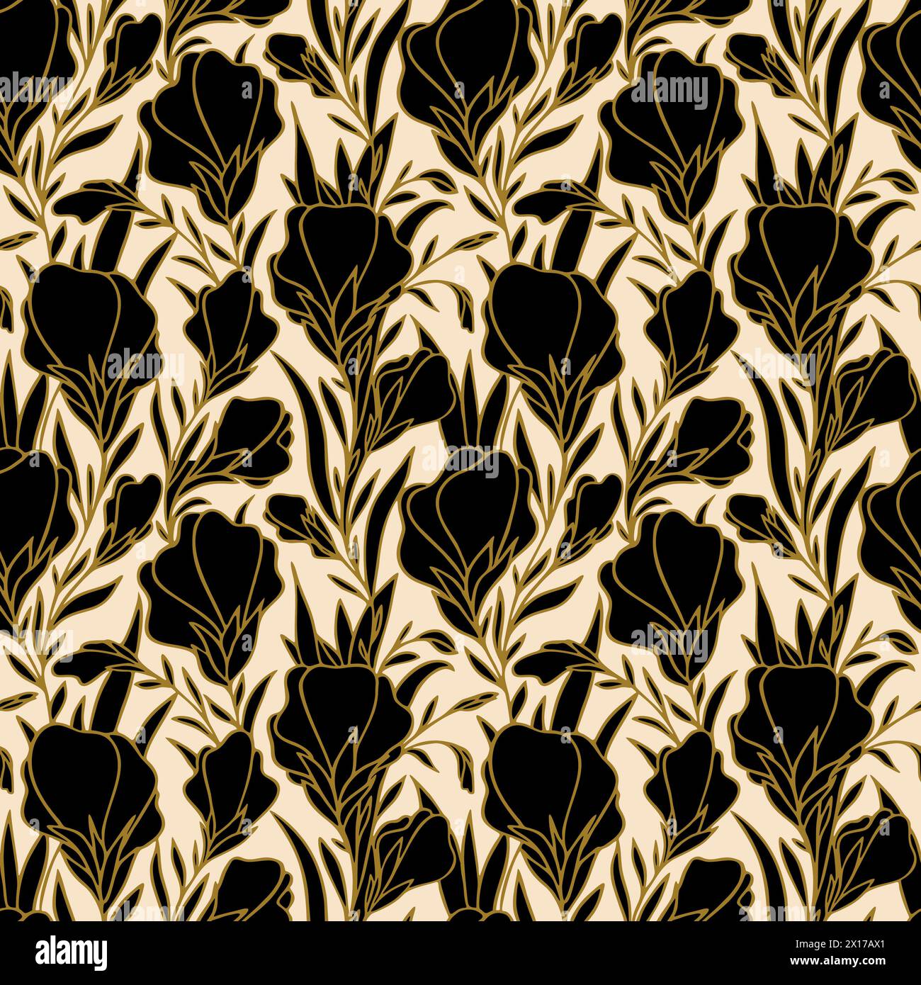 seamless pattern of large black flower buds with a golden outline on a ...