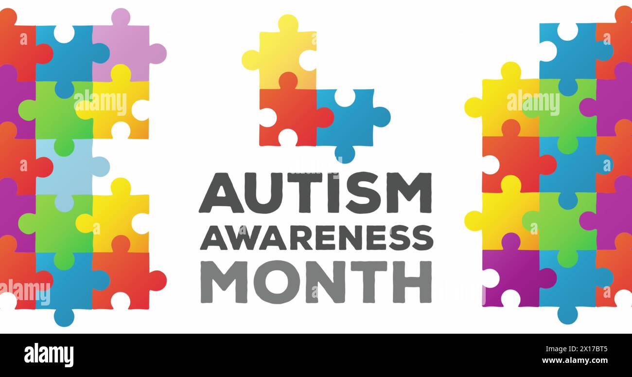 Image of autism awareness month text with puzzle pieces on white ...