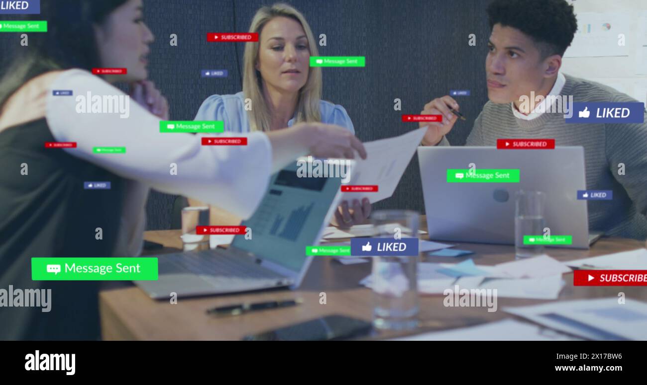 Image of social media icons with texts over diverse business people ...