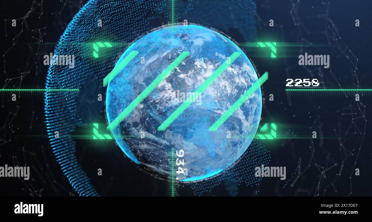 Image of green scanner scanning over network of connections and globe ...