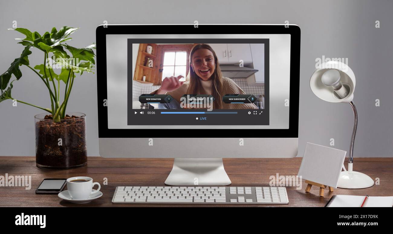 Image of social media screen on computer over caucasian woman making ...