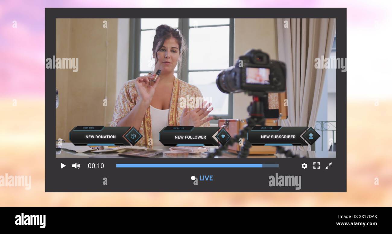 Image of social media screen over caucasian woman making image blog at ...