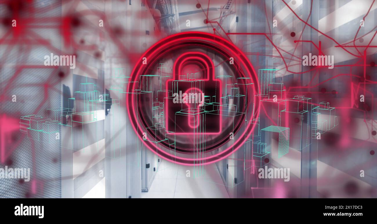 Image of security padlock icon over 3d city model spinning against computer server room Stock ...
