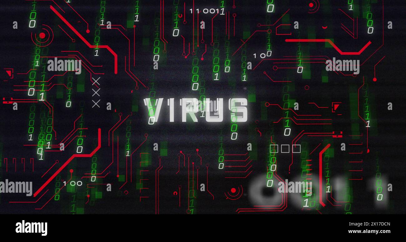 Image of virus text in circuit board pattern over falling binary codes against black background ...