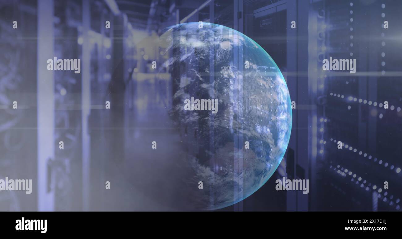 Image of rainbow lens flare and globe against computer server room ...