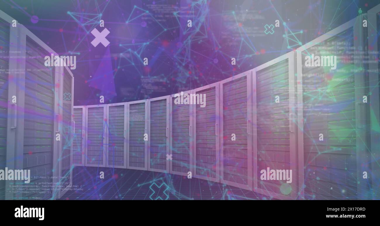Image of data processing, spots of light and plexus networks against computer server room Stock ...