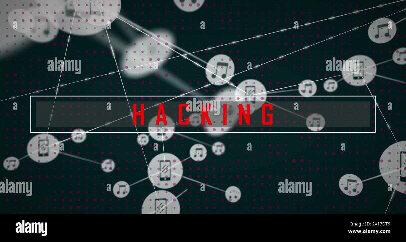 Image of hacking text with connected music and phone icons on black ...
