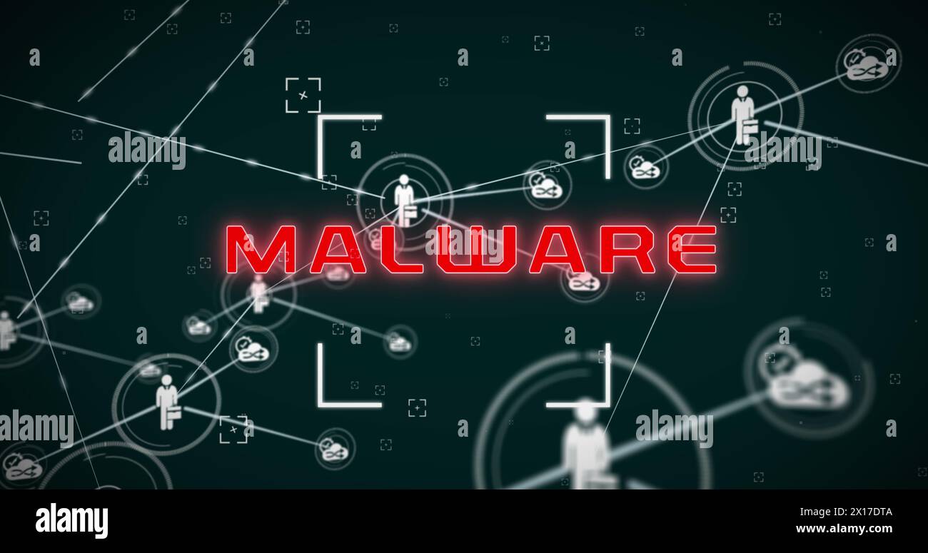 Image of malware text with connected settings and business person icons ...