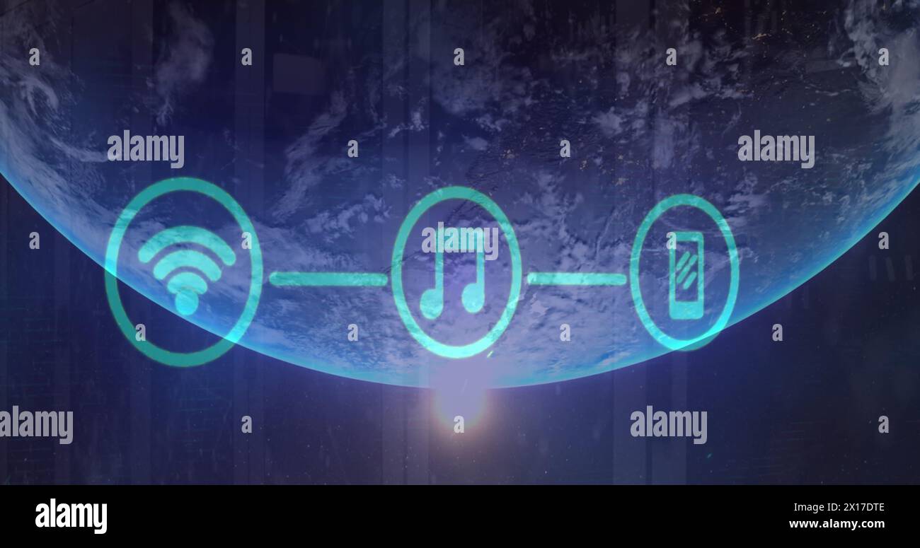 Image of network of digital icons over globe and light spot against ...