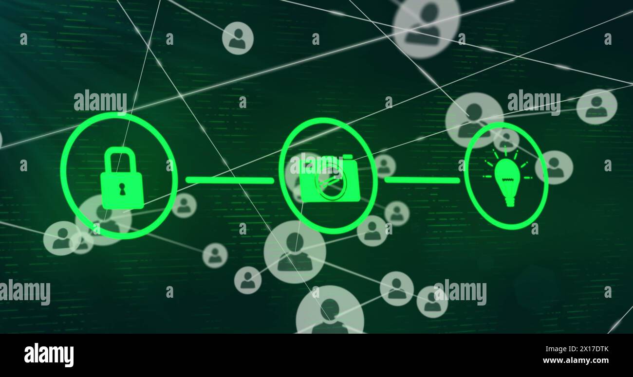 Image of padlock, camera, lightbulb icons forming flow chart over connected profile icons Stock ...