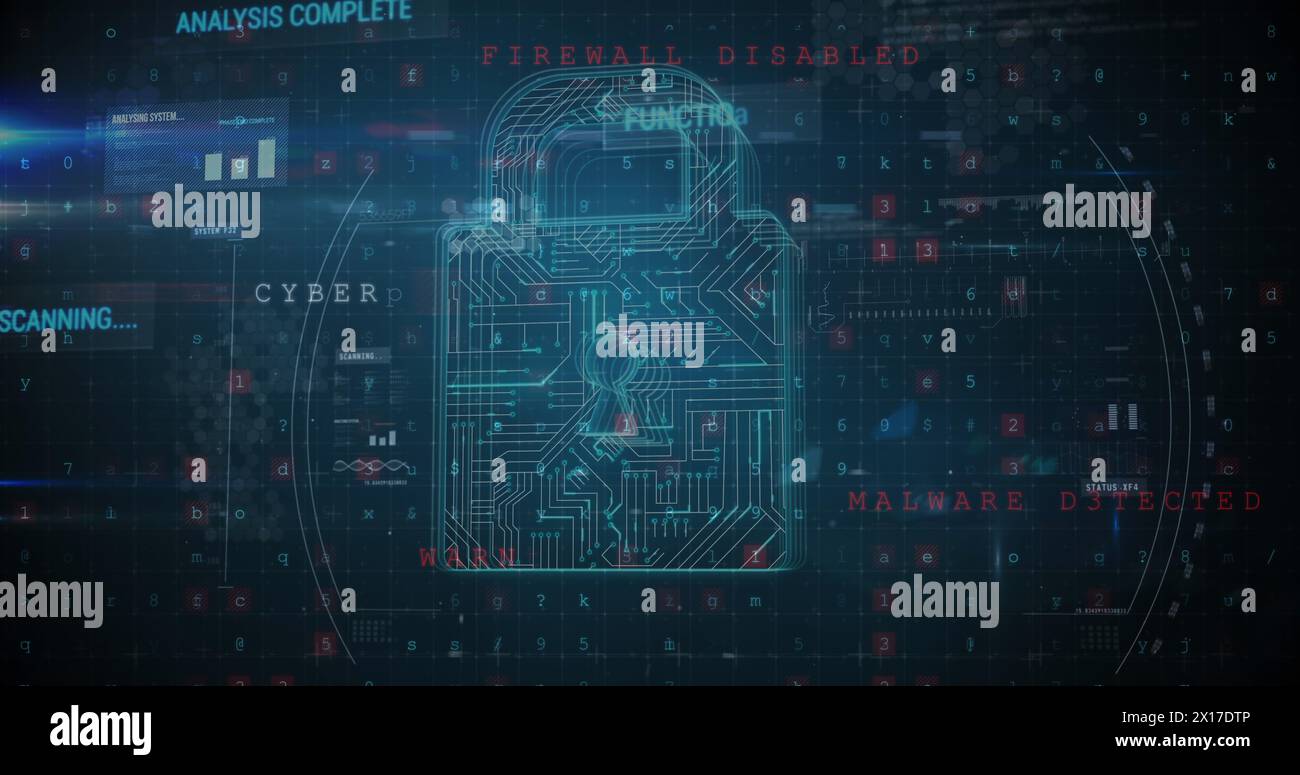 Digital image of a circuit board shaped into a padlock and codes in the ...