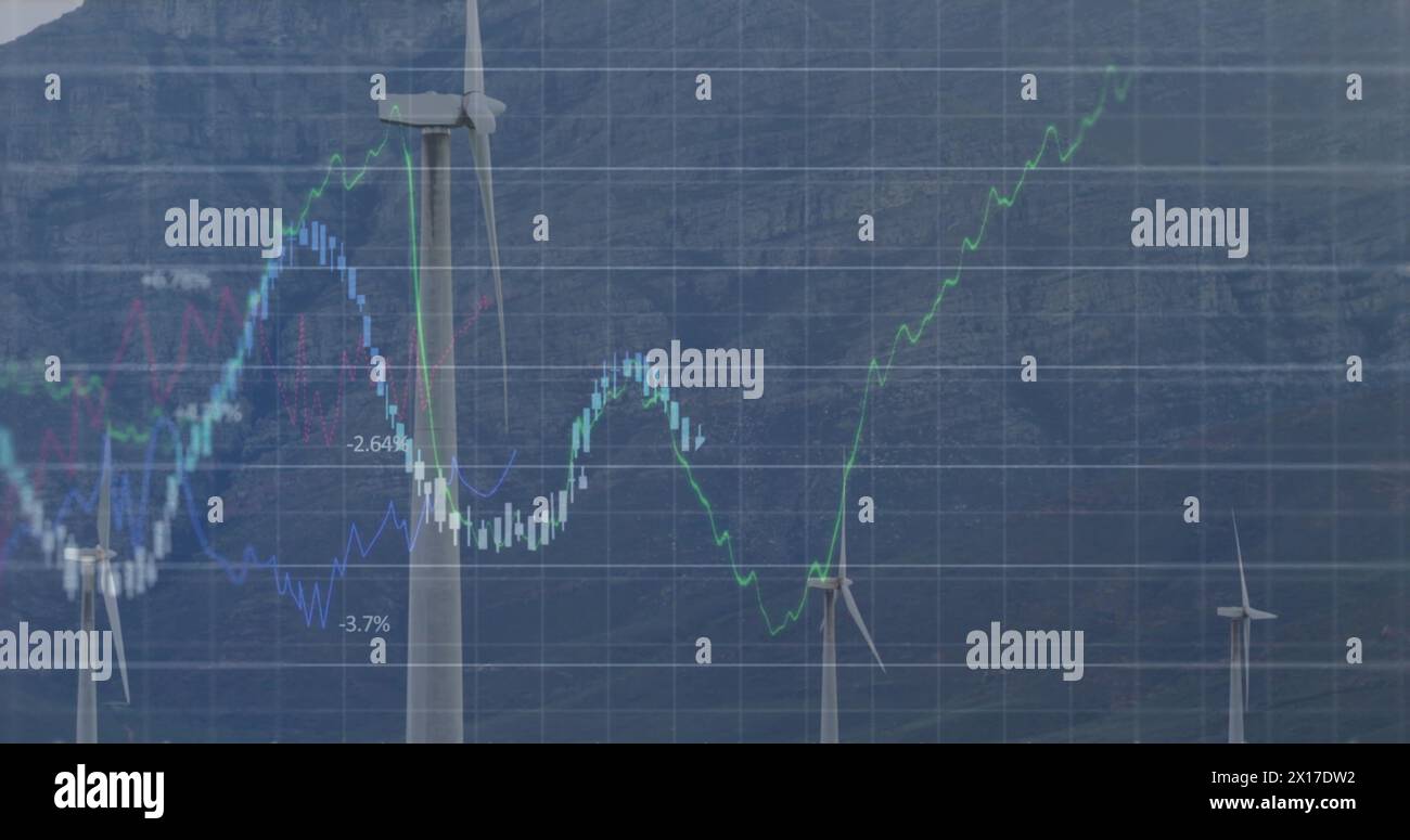 Image of multiple graphs with numbers over windmill against mountains ...