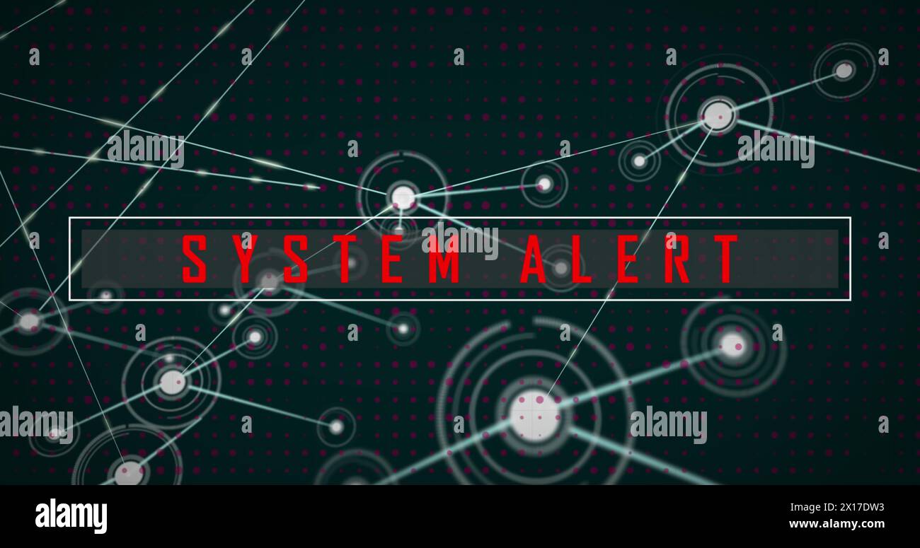 Image of system alert text and connected dots on black background Stock ...