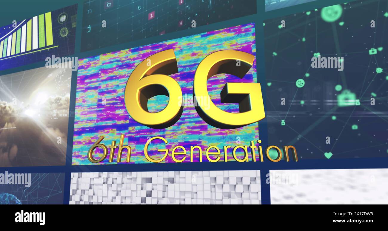 Image of 6g 6th generation text in gold over colourful clips playing on ...