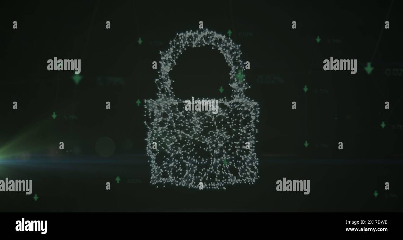 Image of network of connections and security padlock icon against light spot on black background ...