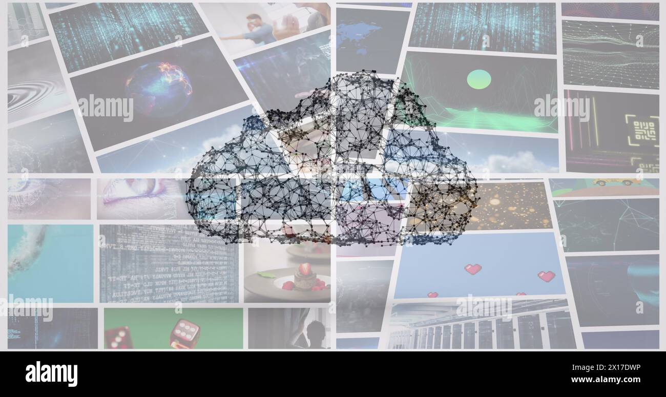Image of cloud network over various clips playing on composite screens ...
