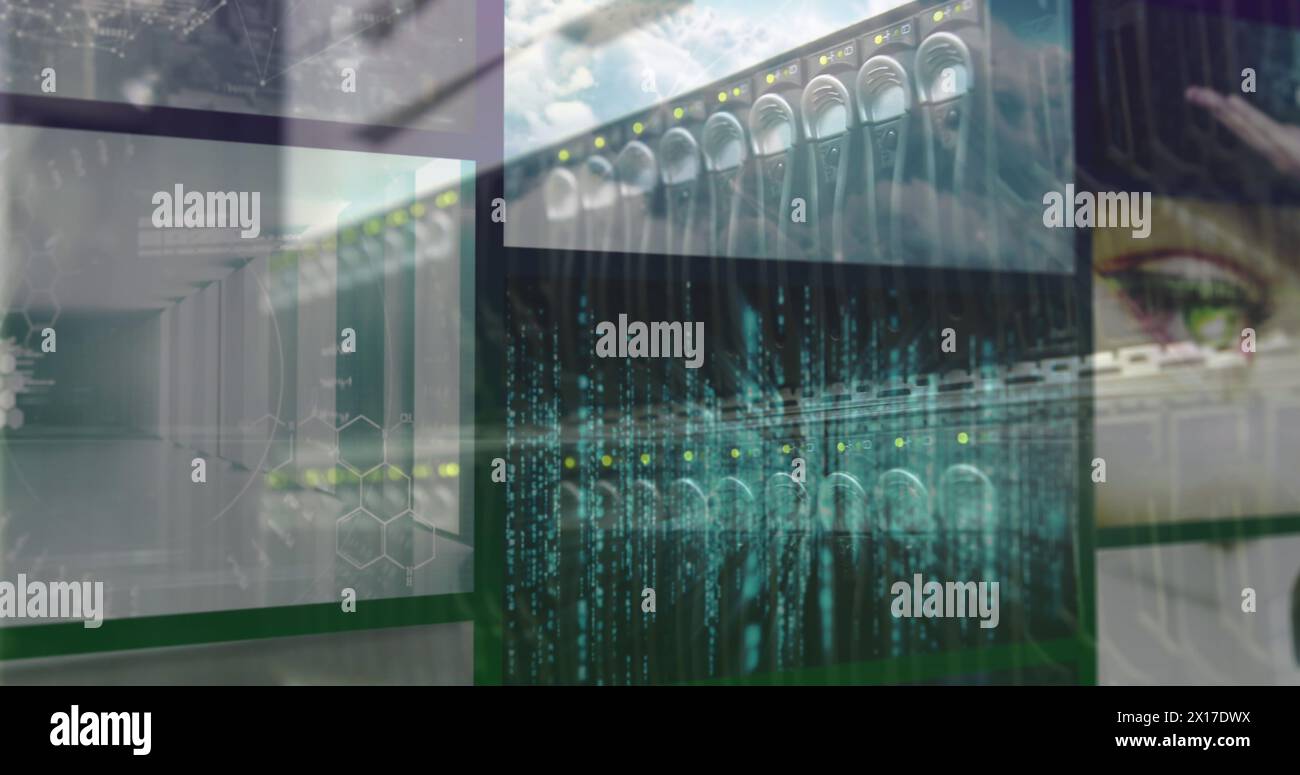 Image of flashing lights on computer server over colourful clips ...