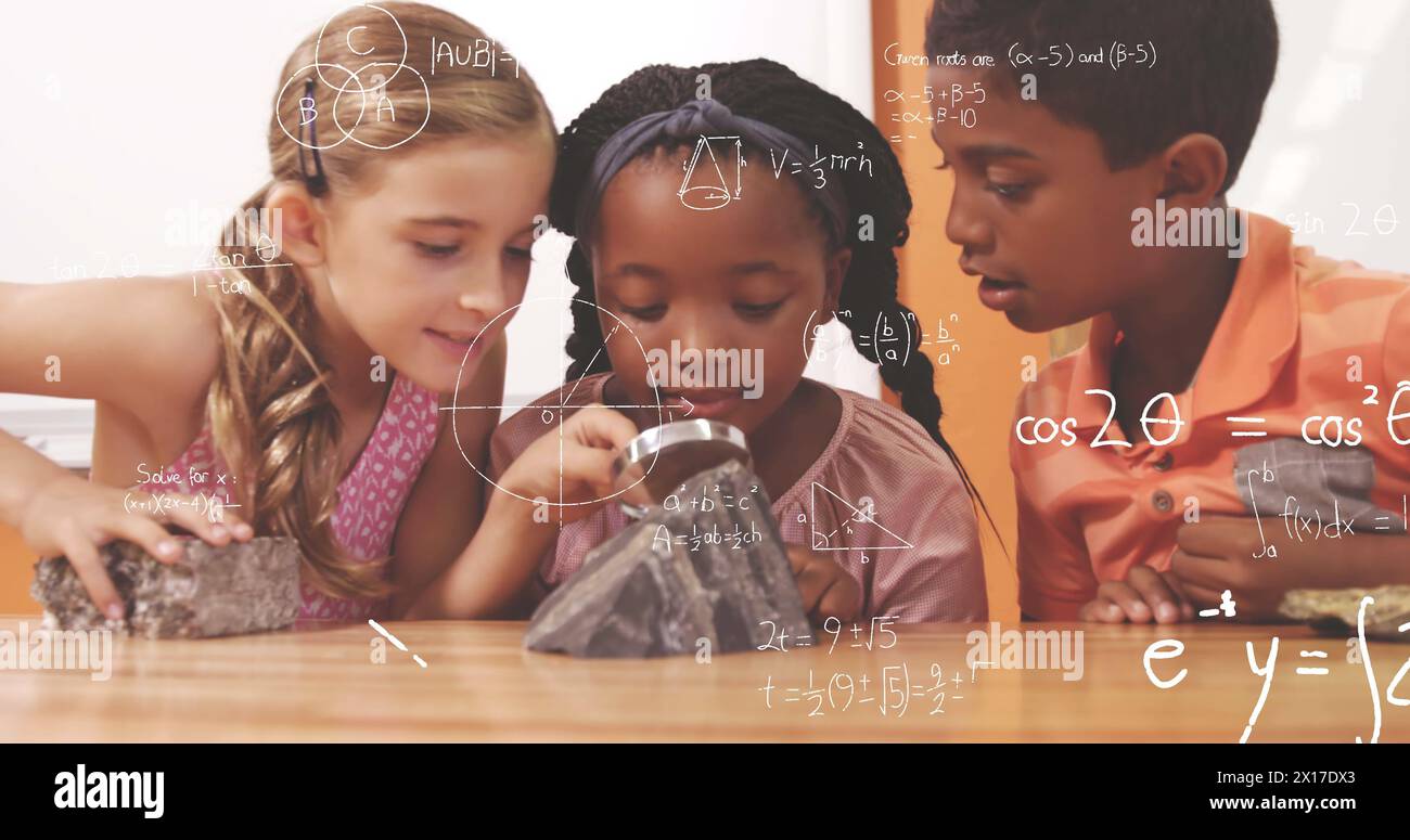 Digital composite of 2 girls and a boy holding a magnifying glass and ...