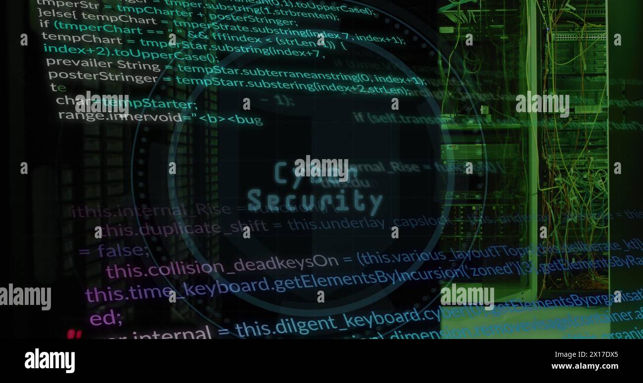 Image of padlock, cyber security text, computer language over data ...